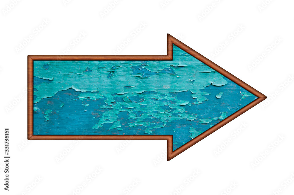 Arrow sign. Wooden old, blue, ragged arrow sign with frame isolated on ...
