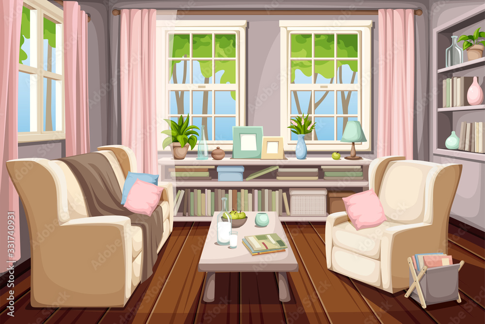 Vector cozy spring living room interior. Stock Vector | Adobe Stock