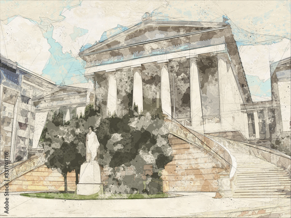 Sketch of ruins of ancient temple on Acropolis hill, Athens. The ...