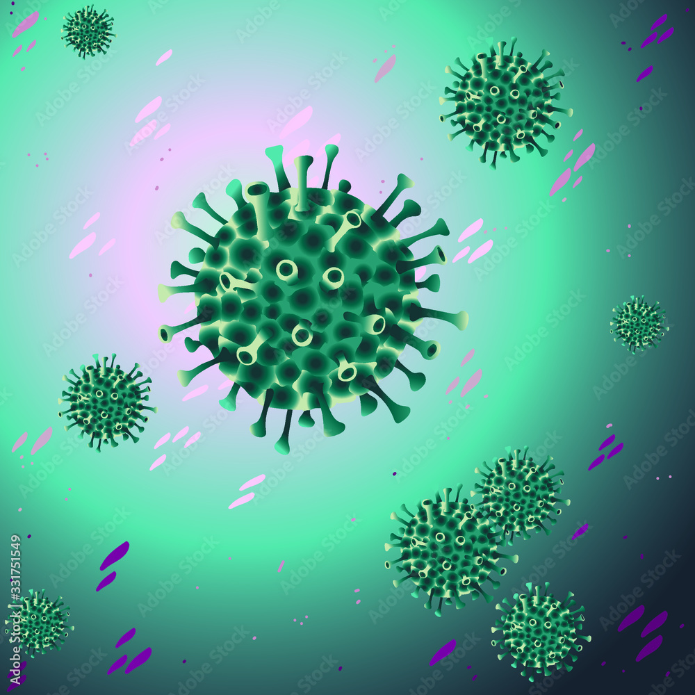 Vector graphics. Illustration. China pathogen respiratory coronavirus flu outbreak Microscopic ...