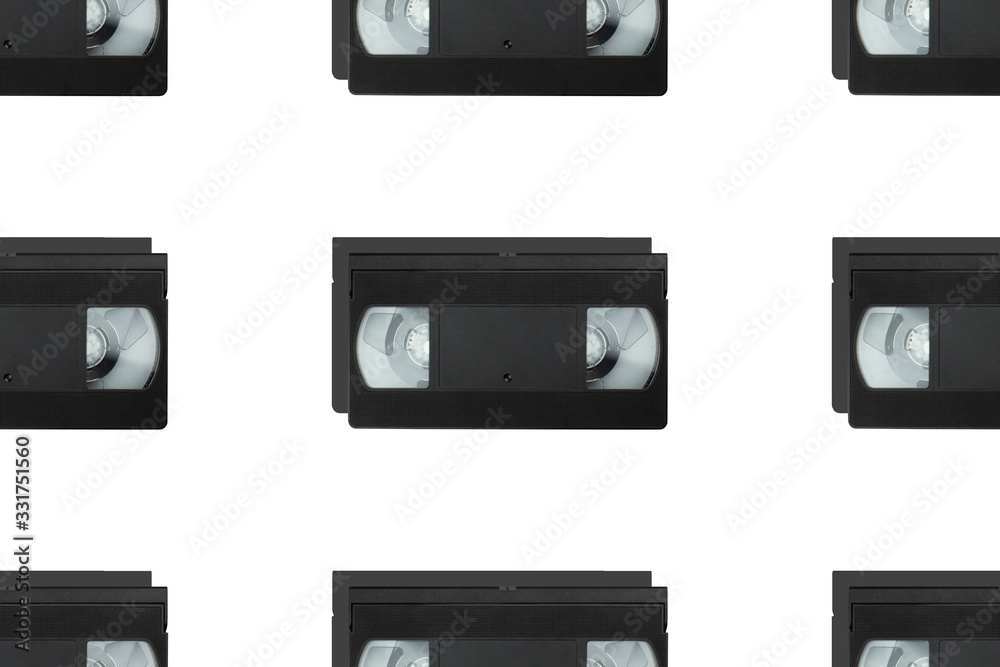 Seamless pattern with retro vhs tapes flat lay isolated on white ...