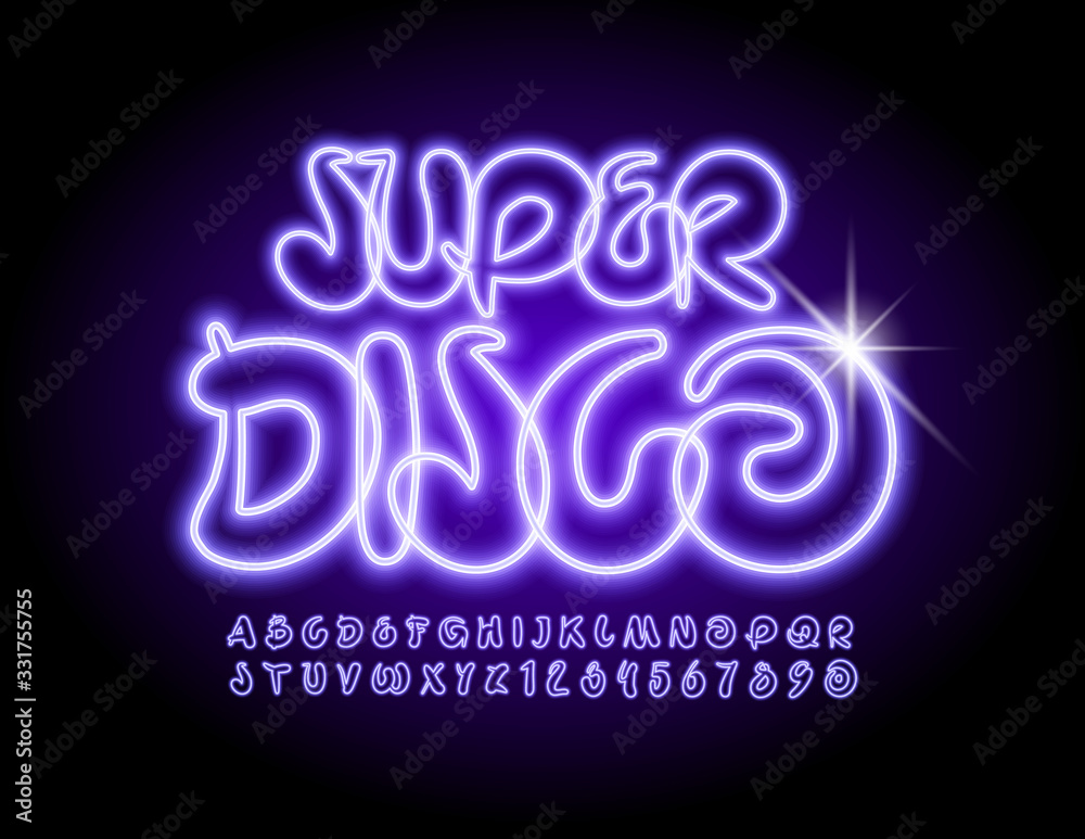 Vector creative poster Super Disco. Purple glowing Font. Neon Alphabet ...