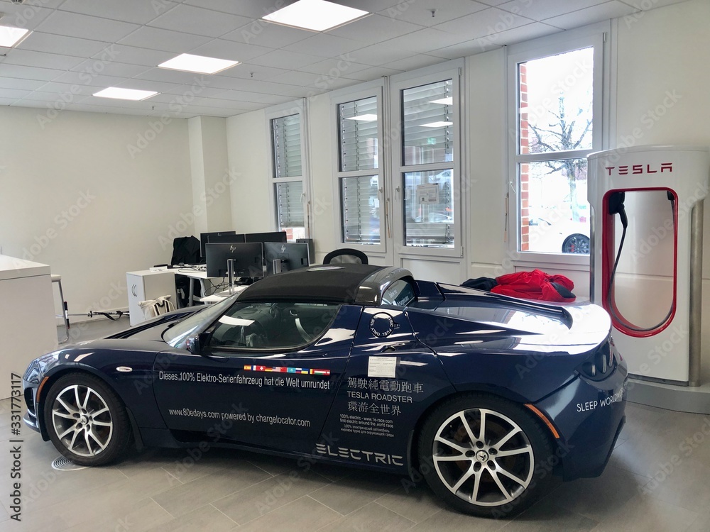 Foto de Munich, Germany - December 20, 2019: Tesla is presenting their ...
