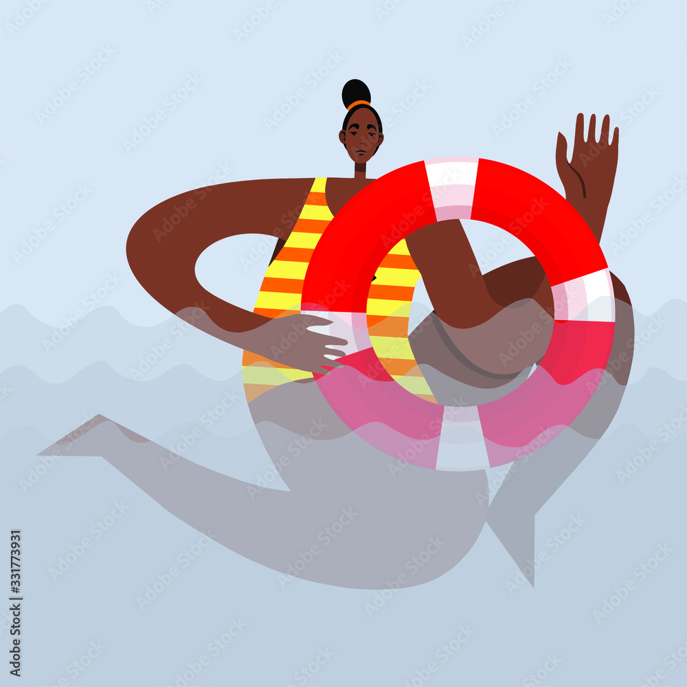 Cute lifeguard girl in a striped swimsuit swimming with the life ...