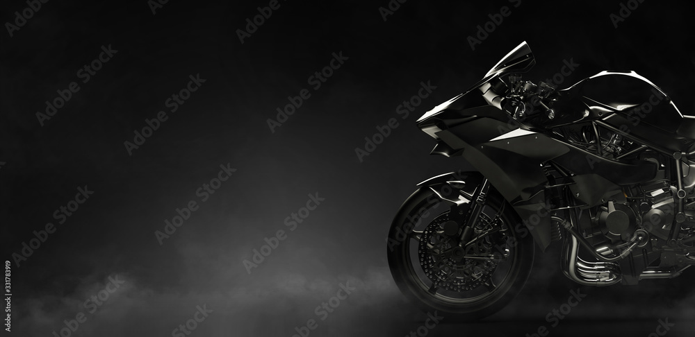 Black motorcycle on a dark background with smoke, side view (3D ...