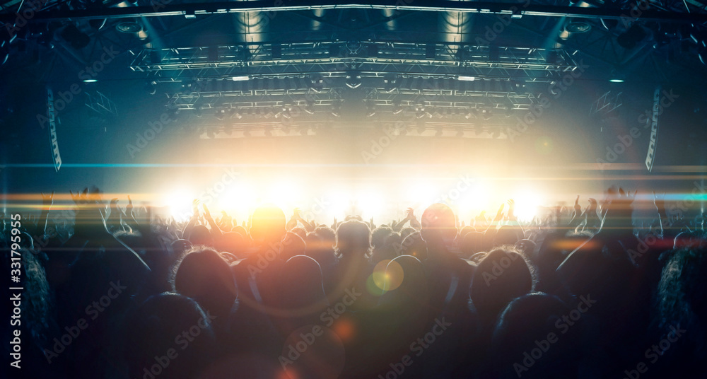 Concert crowd point of view inside a large concert hall during a music ...