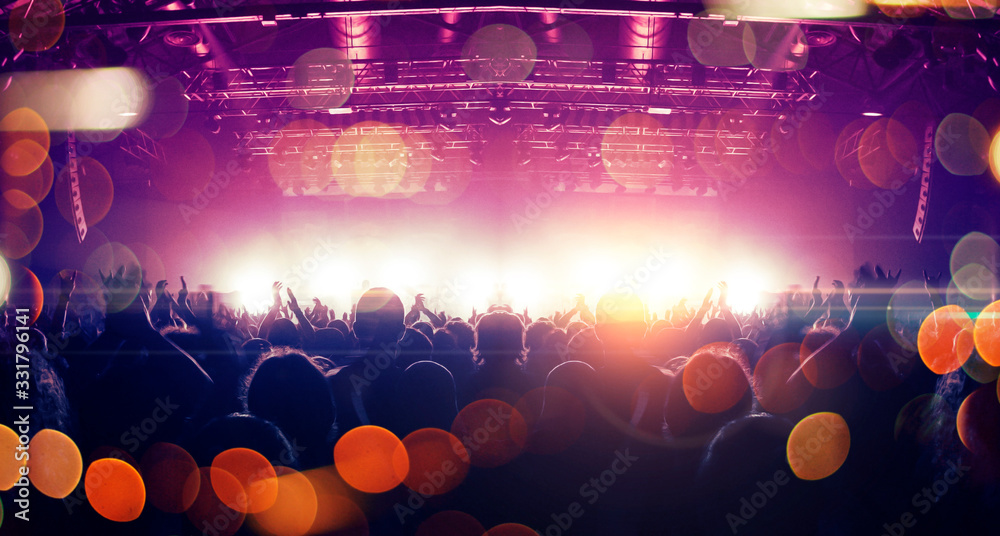 Concert crowd point of view inside a large concert hall during a music ...