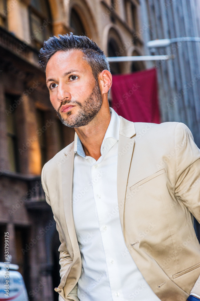 Young handsome European Man with beard traveling in New York City ...