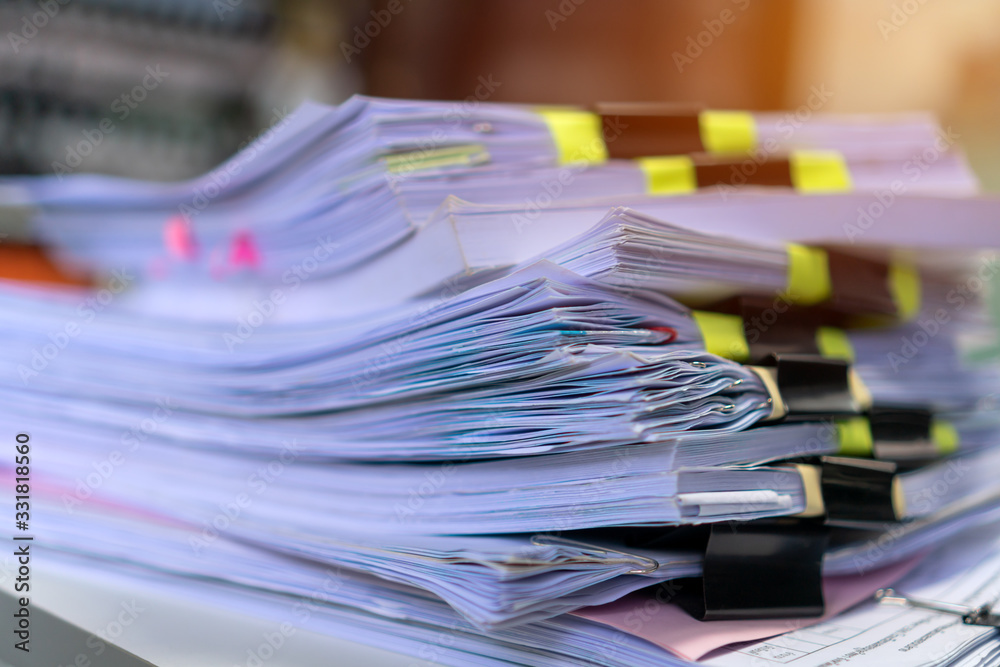 Stack unfinished documents reports files, pile business paper with ...