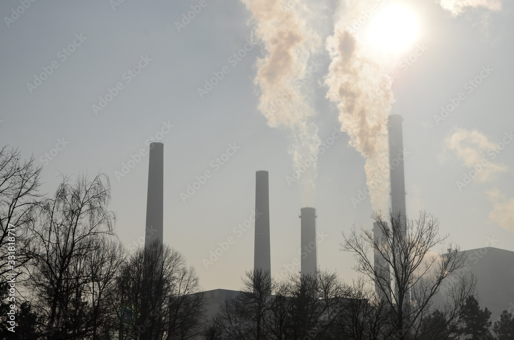 Toxic smoke from thermal power plant in industrial area. Heavy ...