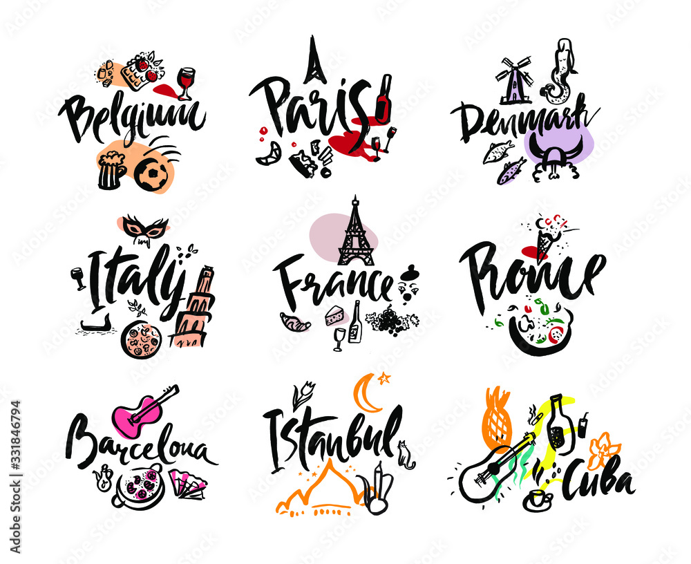 Set of hand written calligraphic lettering European countries names ...