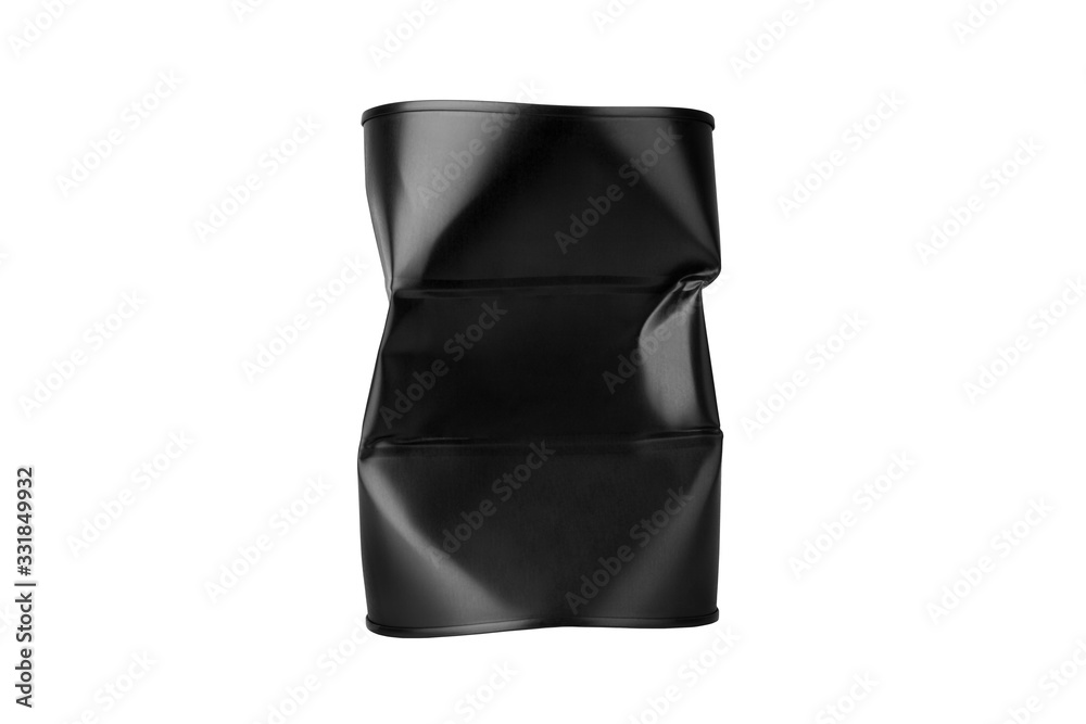 Crumpled black metal barrel isolated on white, dented oil drum, crushed ...