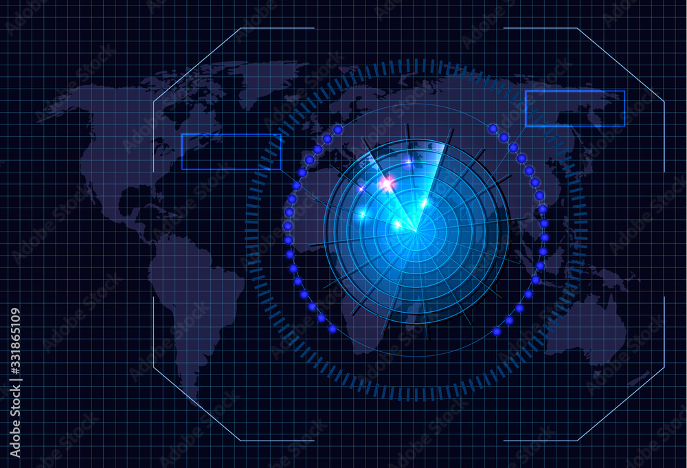 Vector glowing radar illustration, bright blue color, background ...