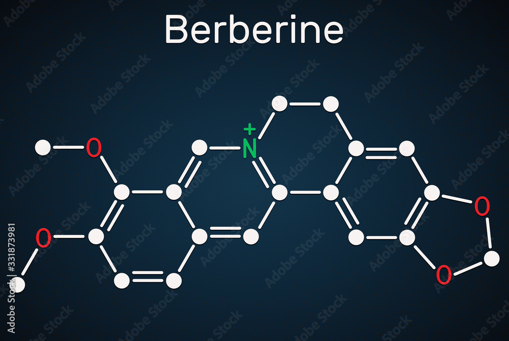 Berberine C20H18NO4, herbal alkaloid molecule. Structural chemical ...