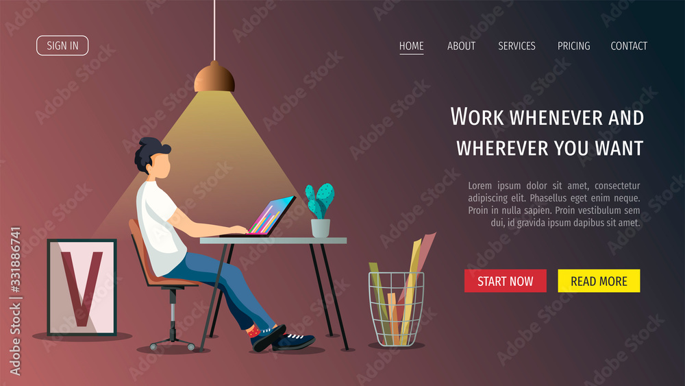 Web page template with man working or learning at the table. Freelance ...