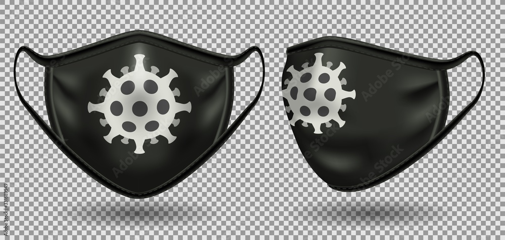 Set black medical mask with a symbol of coronavirus. Front view. To ...