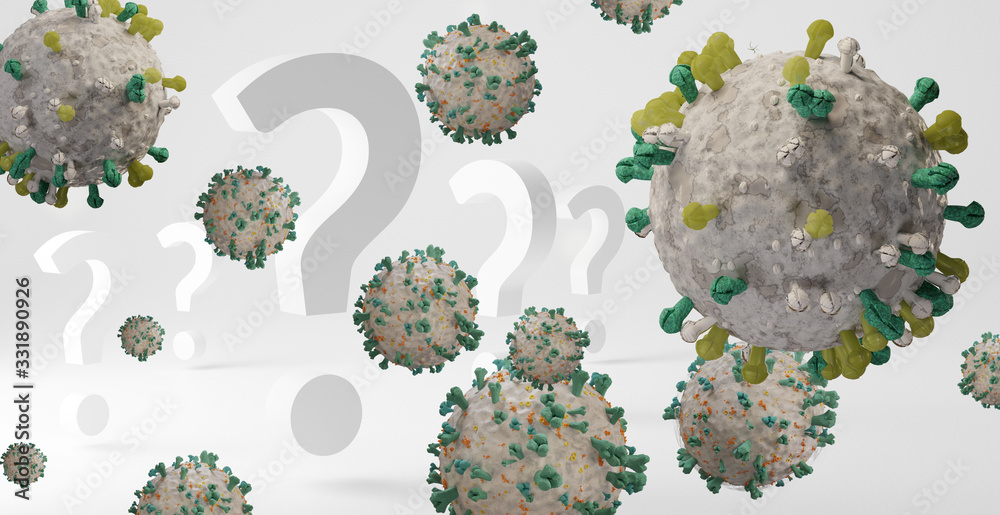 question marks and symbolic virus cells 3d-illustration Stock ...