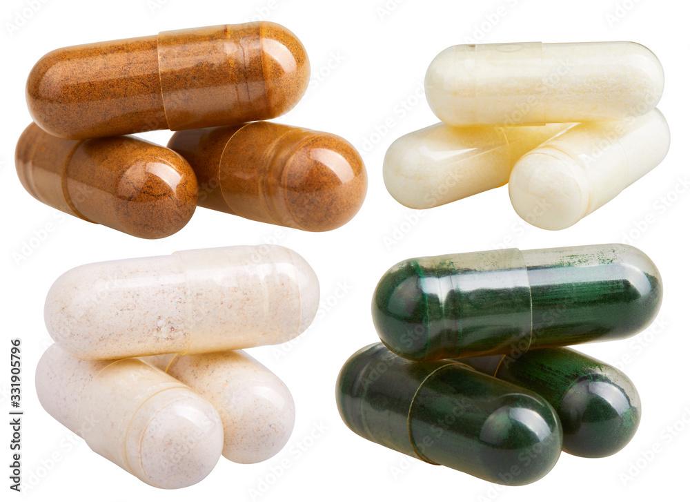 Set of transparent gelatin capsules with powder, isolated on white ...