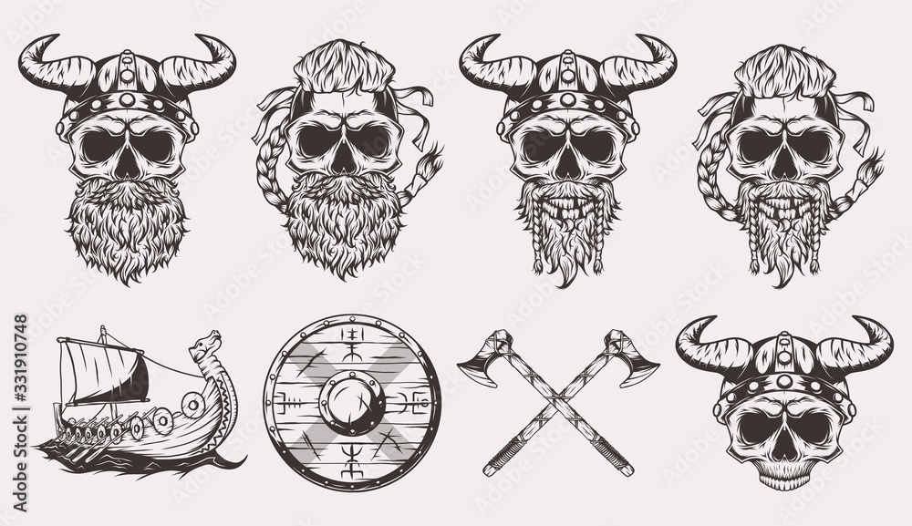 Set of isolated illustrations of a Viking skulls, boat, shield and axes ...