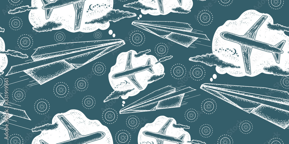 Paper plane dreams to become the big plane. Seamless pattern. Packing ...