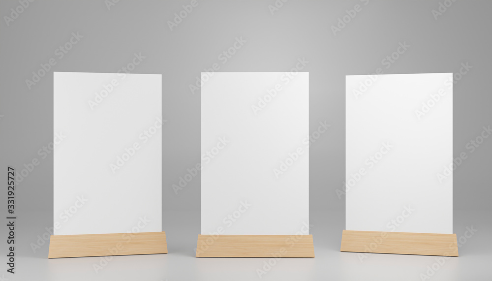 Menu frame standing on wood table isolated on white background with ...