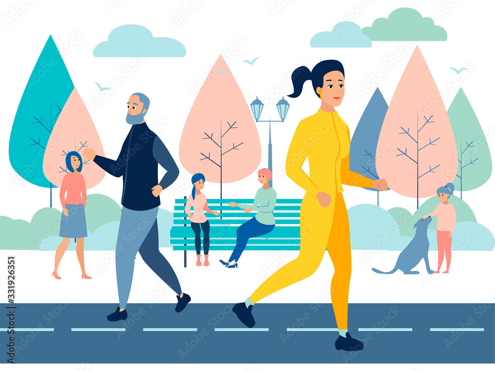 Health, morning run. Park and people. In minimalist style. Cartoon flat ...