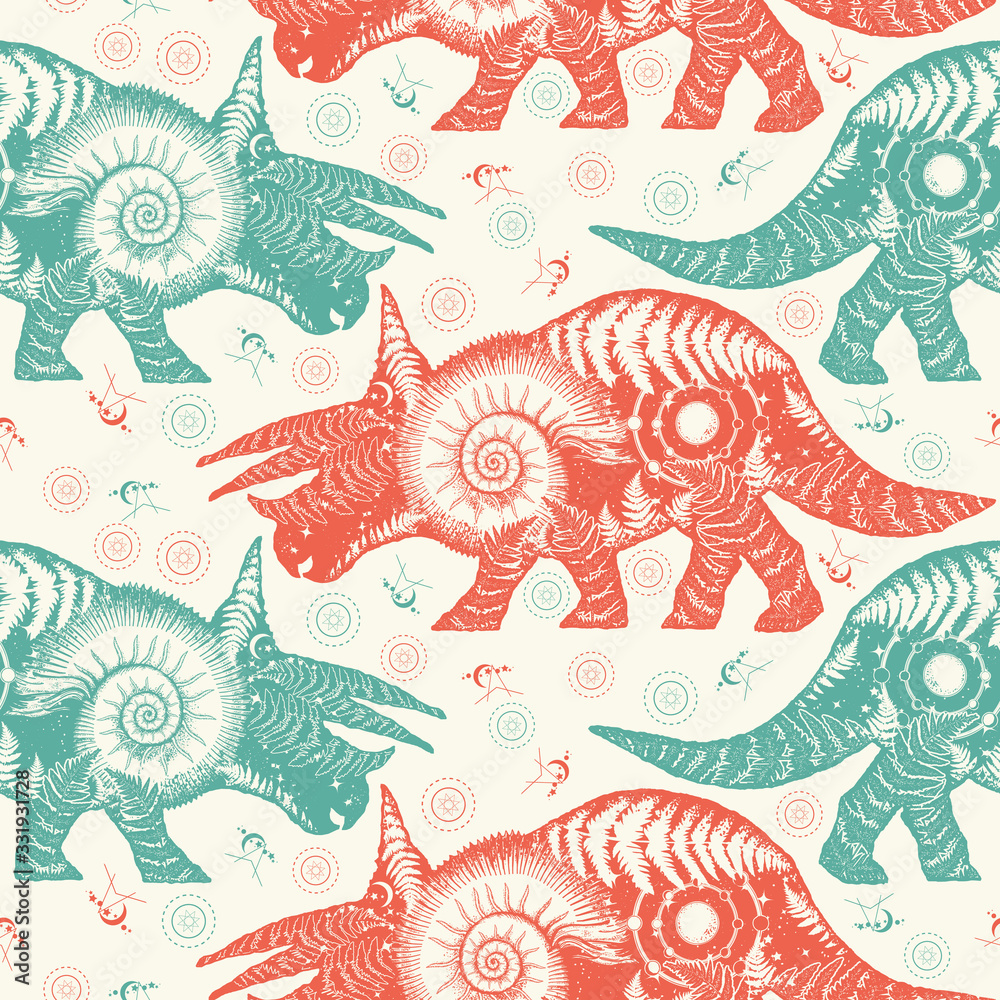Triceratops double exposure. Seamless pattern. Packing old paper ...