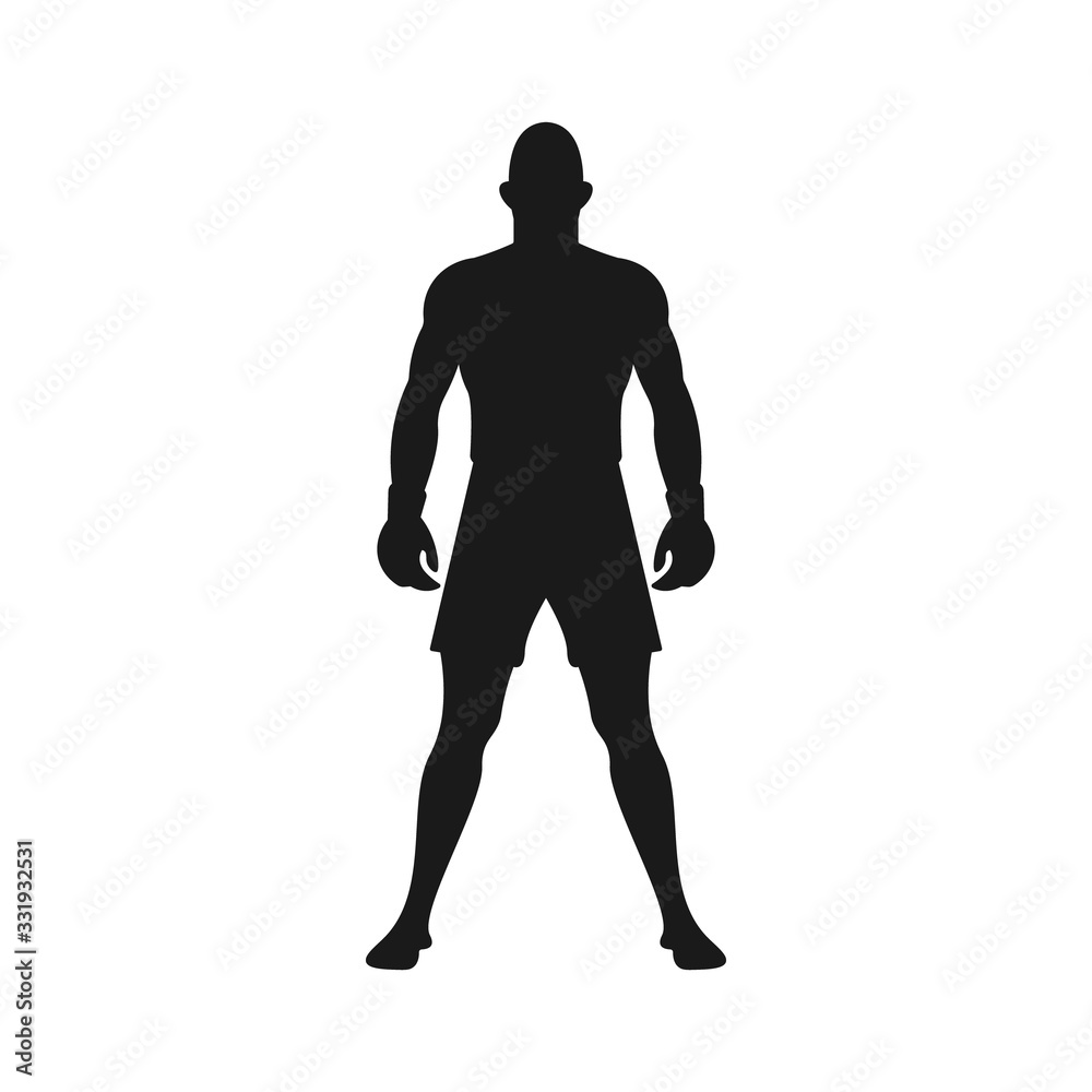 Standing male muscular MMA fighter black and white silhouette. Martial ...