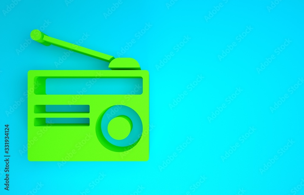 Green Radio with antenna icon isolated on blue background. Minimalism ...