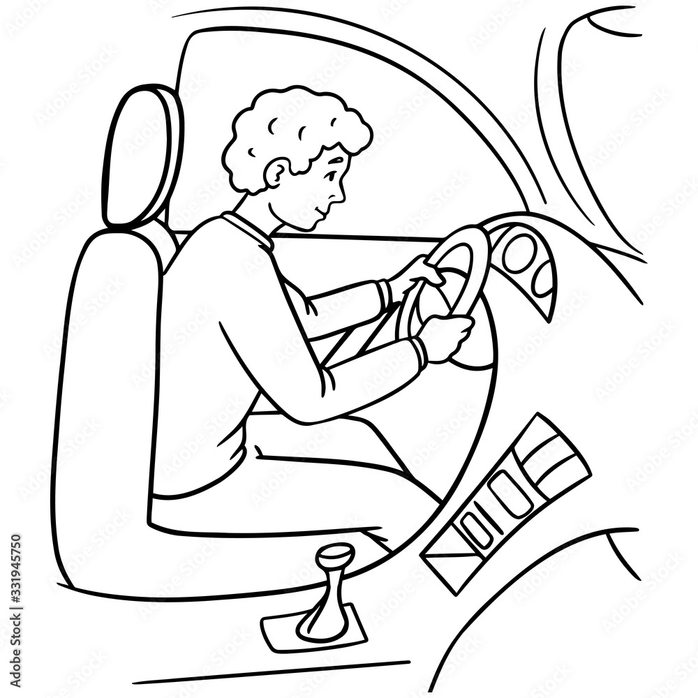 Young man with curly hair on the steering wheel of a car. cockpit ...