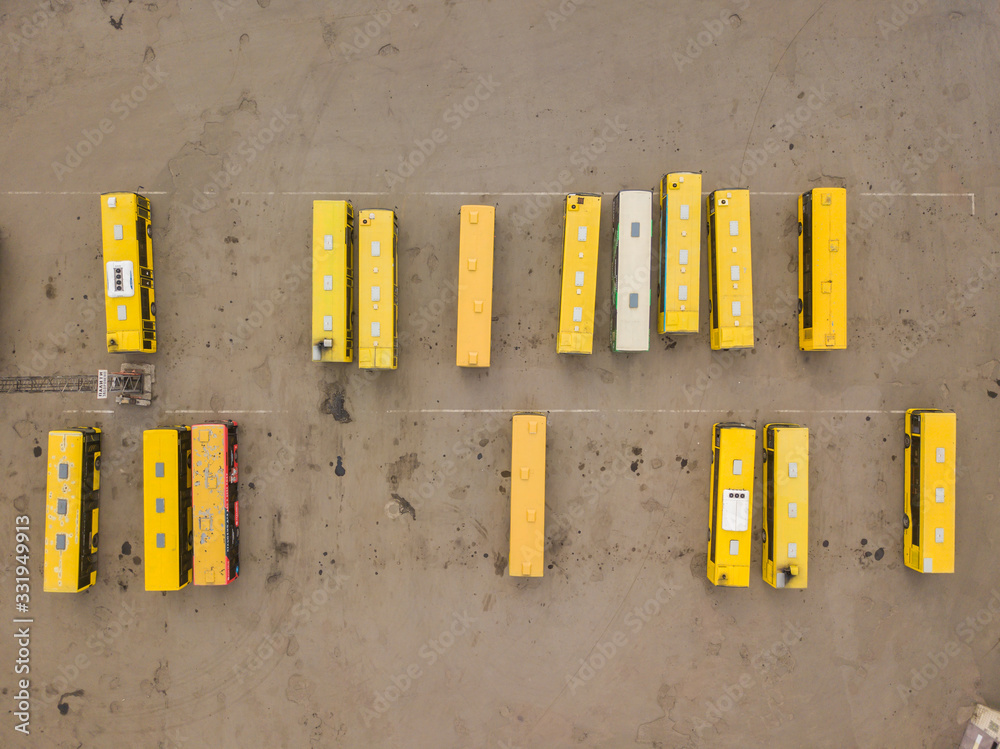 Buses in the Kiev bus depot. Aerial drone view. Stock Photo | Adobe Stock