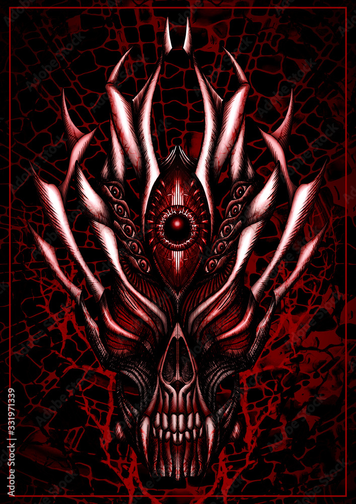 Horror mask, bloody demon or devil skull, terrible creature, dark with ...