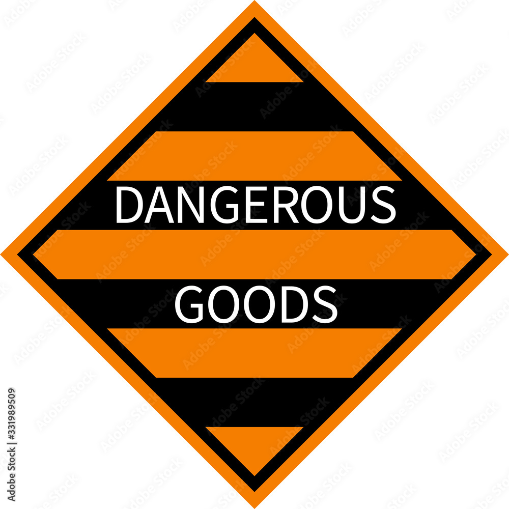 Dangerous goods sign. Black, orange stripes background. Labels and ...