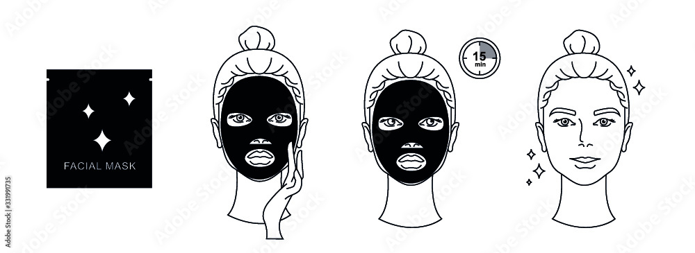 Steps how to apply facial sheet mask. Black icon set isolated on white ...