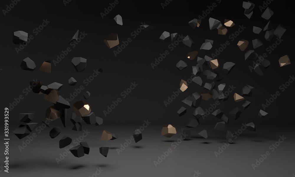 Black gold gemstones pieces fly. Explosion, rock destruction - 3d ...