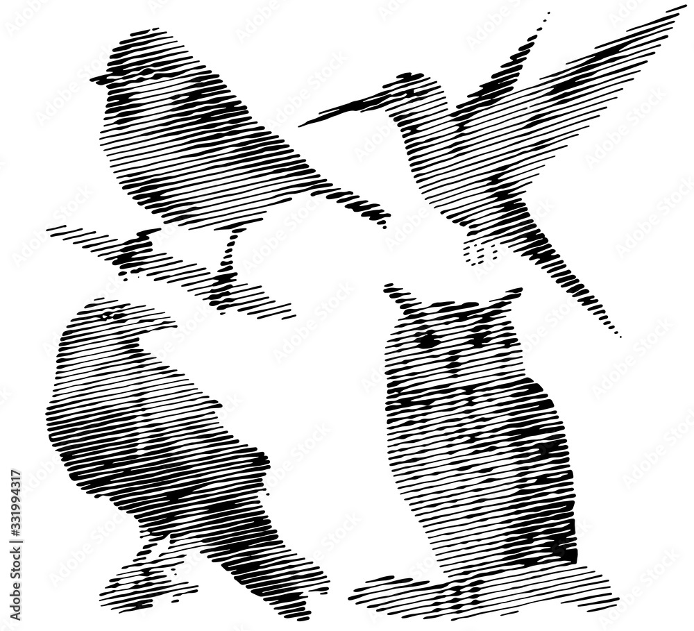 Birds in cross contour line art style. Optical illusion drawings. Black ...