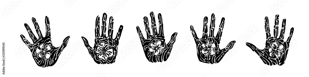 Endangered ancient handprint with flower set. Hand drawn human palm ...