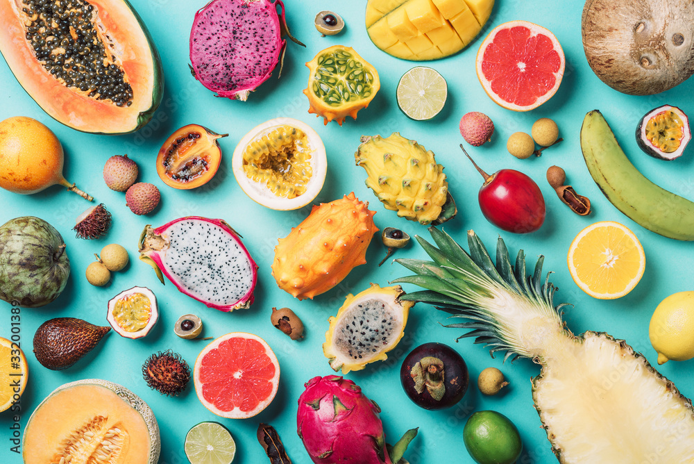 Tropical fruits concept. Exotic fruits - pineapple, papaya, mango ...