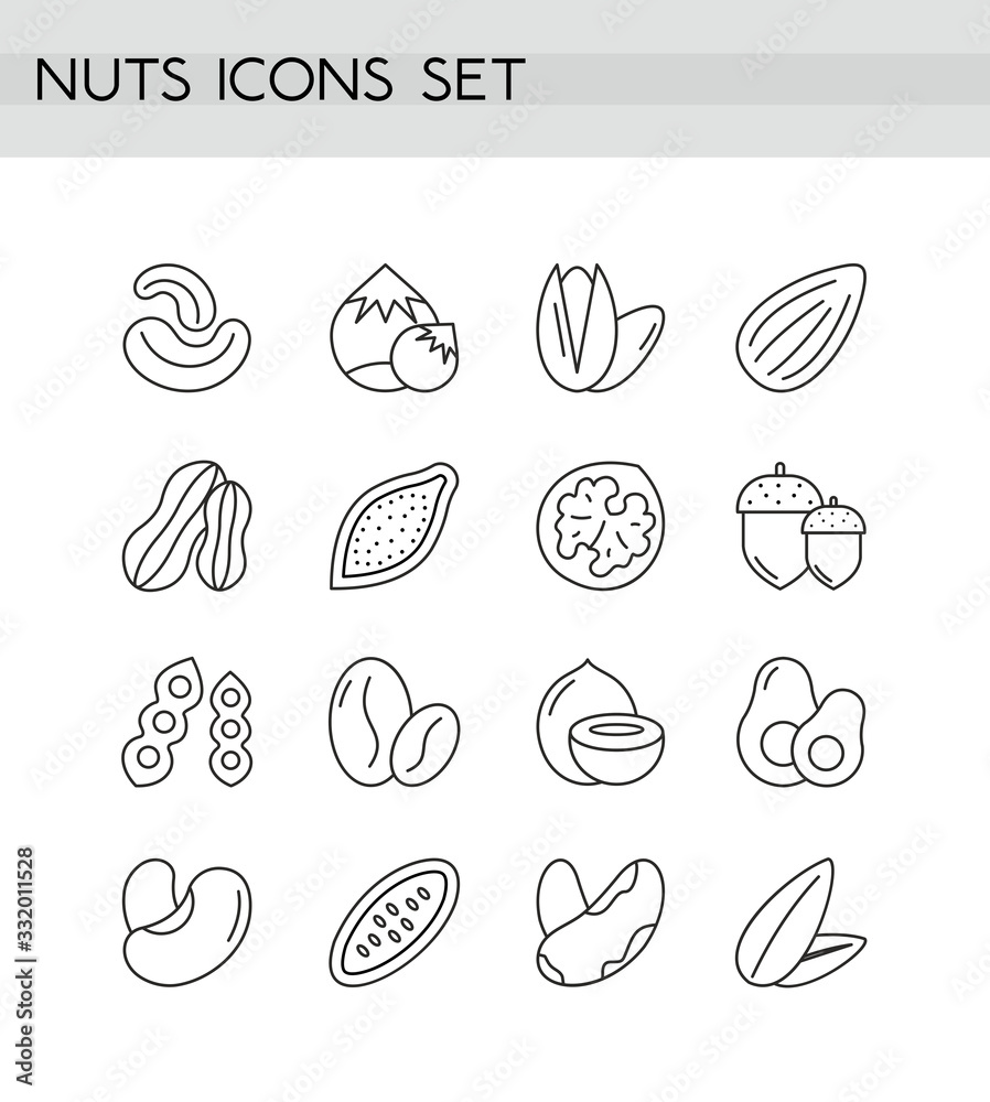 Nuts icons line outline vector illustration set. Shapes and cross ...