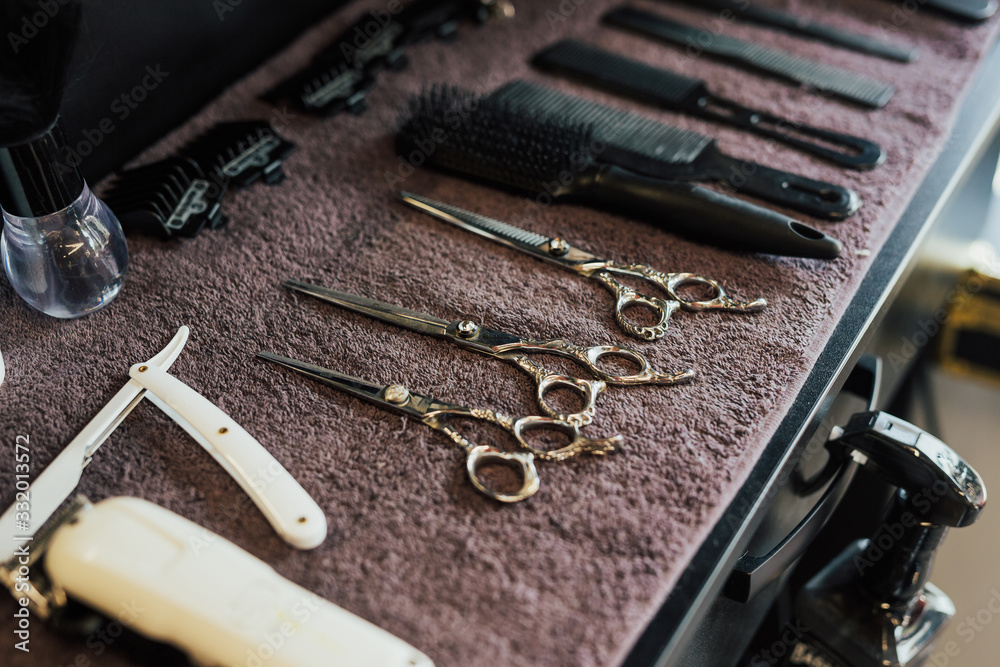 Instruments male hairdresser barber shop. Top view top view of various ...