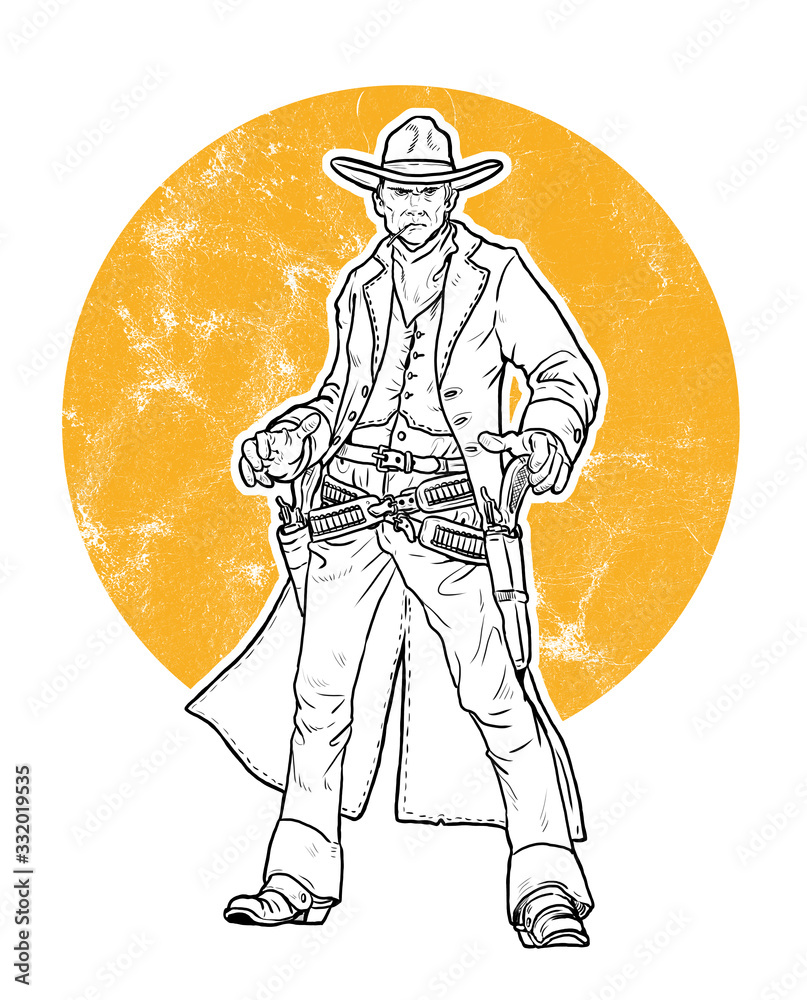 Gunfighter drawing. Cowboy with revolver on duel illustration. American ...