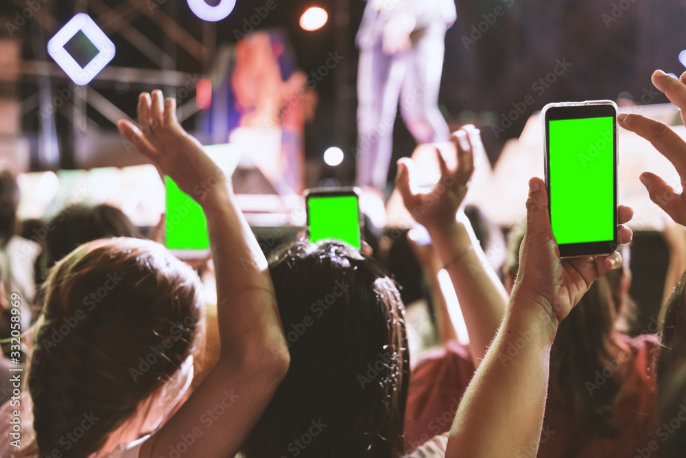 Hands of audience crowd people taking photo with mobile smart phone ...
