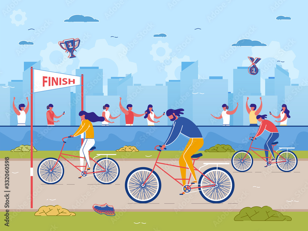 Road Bicycle Racing. Cartoon People Ride Bikes on City Street Vector ...