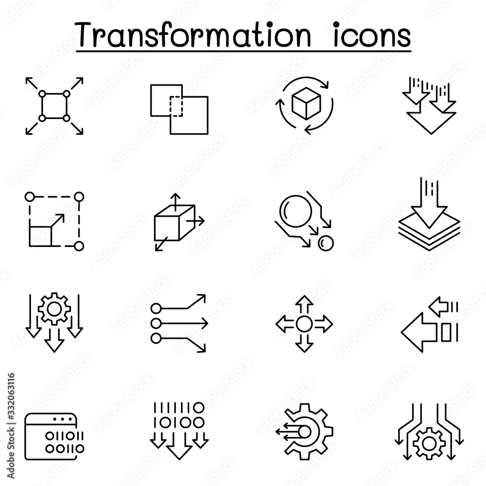transform, edit, change, scale, update icon set in thin line style ...