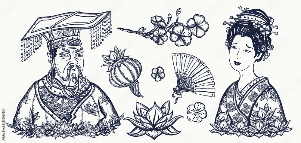 Vetor de Ancient China. Old school tattoo vector collection. Chinese ...
