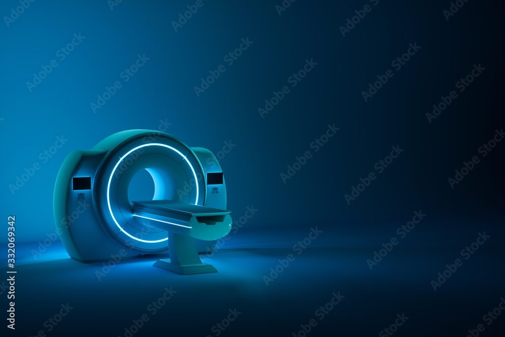 MRI machine, magnetic resonance imaging machine on a dark blue ...