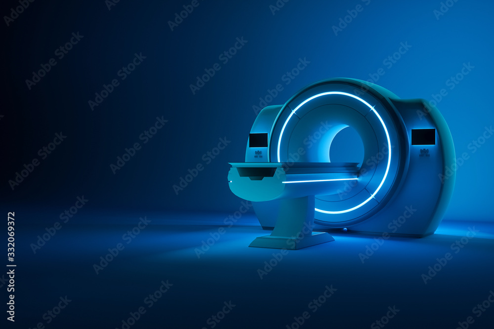 MRI machine, magnetic resonance imaging machine on a dark blue ...