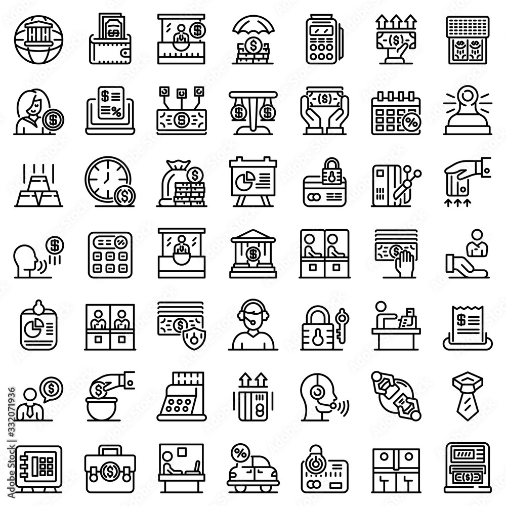 Bank teller icons set. Outline set of bank teller vector icons for web ...