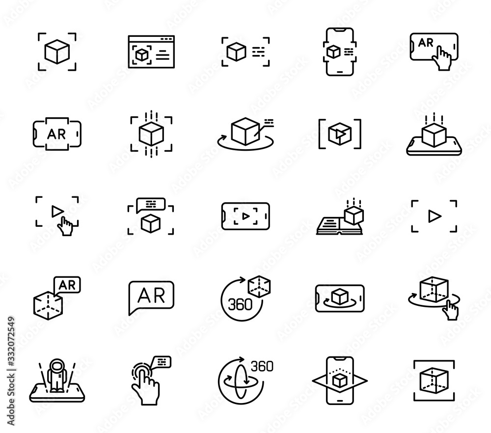 Augmented reality outline vector icons isolated on white background. AR and virtual reality line ...