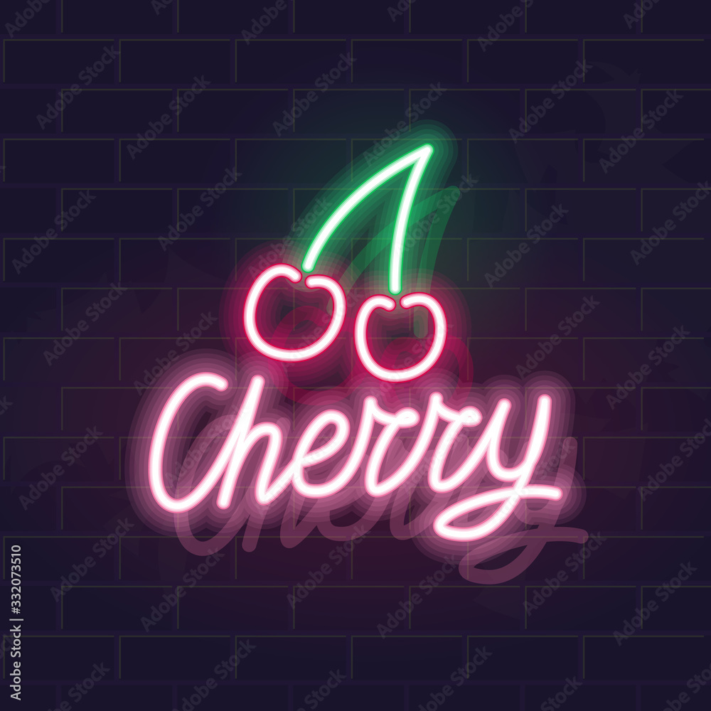 Neon cherry icon. Vector isolated neon illustration for any dark ...